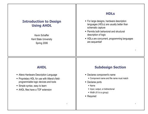 Introduction to Design Using AHDL HDLs AHDL Subdesign Section