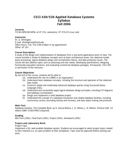 CSCI 430/530 Applied Database Systems Syllabus Fall 2006 CSCI 430/530 Applied Database Systems Syllabus Fall 2006