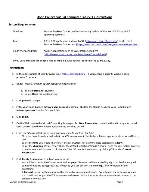 Hood College Virtual Computer Lab (VCL) Instructions