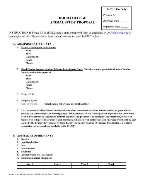 IACUC Animal Study Proposal Form - Hood College
