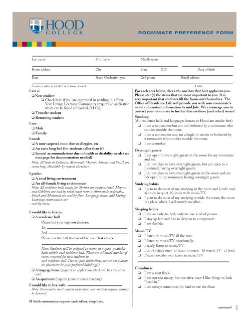 ROOMMATE PREFERENCE FORM - Hood College