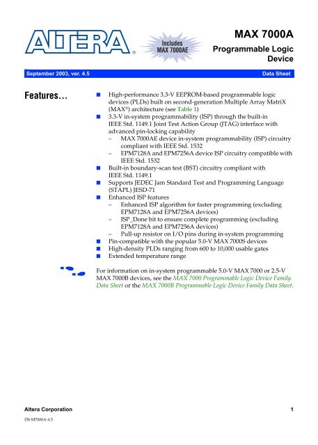 MAX 7000A Programmable Logic Device Data Sheet - Altera