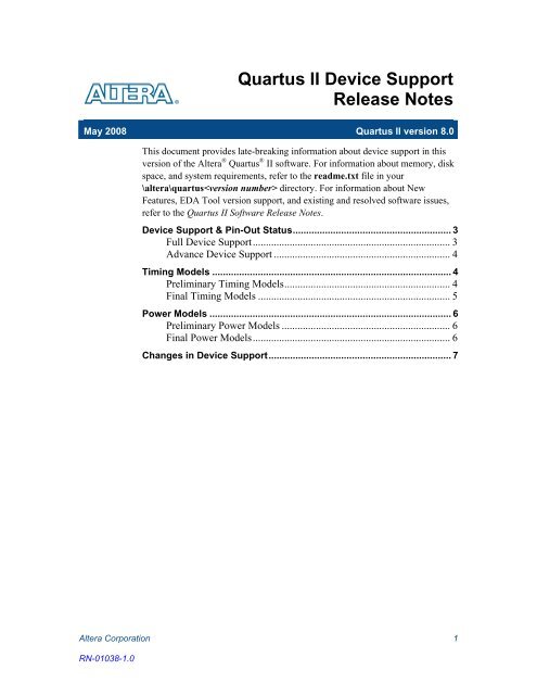 Quartus II Software version 8.0 Device Support Release Notes - Altera
