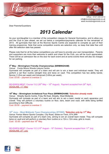 2013 Calendar - Revolution Gymnastics Club 2013 Calendar - Revolution Gymnastics Club