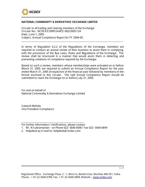 NATIONAL COMMODITY & DERIVATIVES EXCHANGE ... - NCDEX