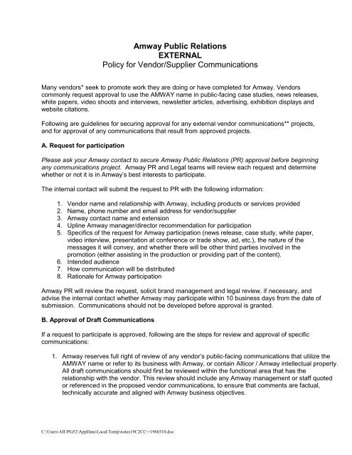 Vendor-Supplier Communication Policy - Amway