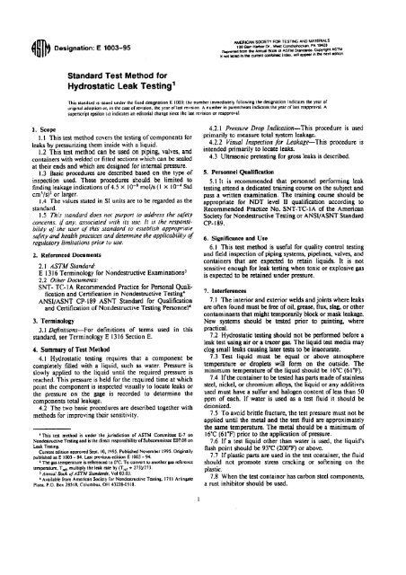 ASTM E 1003 - 95 Standard Test Method for Hydrostatic Leak Testing