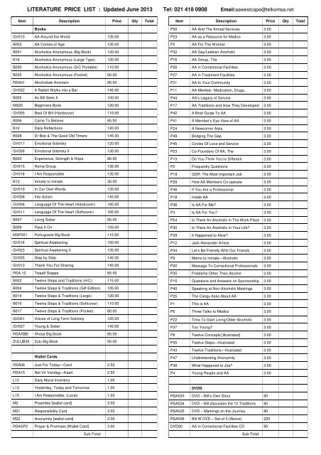 LITERATURE PRICE LIST - Alcoholics Anonymous