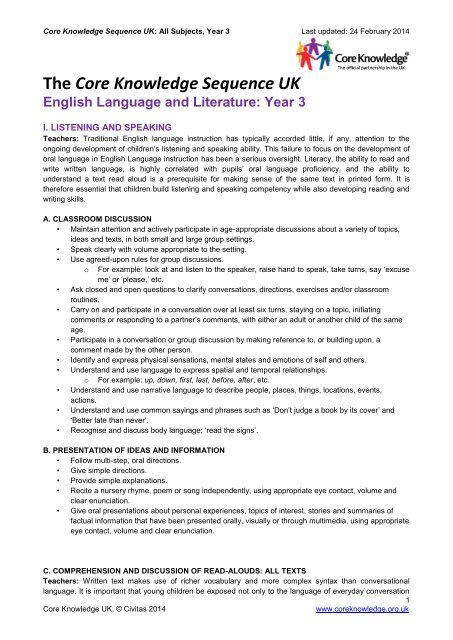 Core Knowledge Sequence UK: All Subjects, Year 3