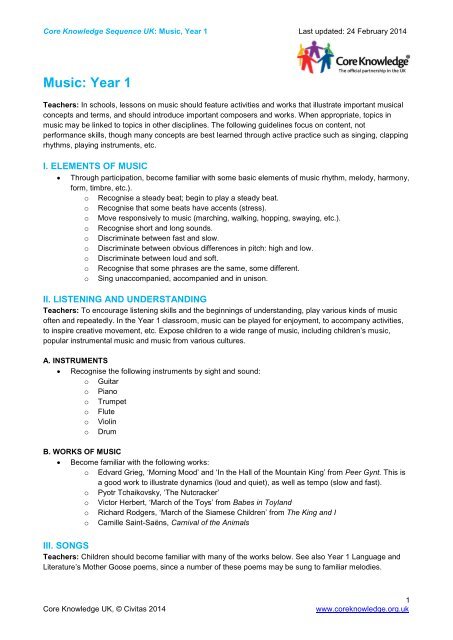 Core Knowledge Sequence UK: Music, Year 1 - Core Knowledge UK