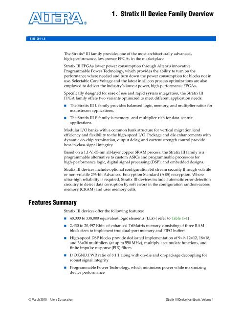 Device Family Overview for Stratix III FPGA, Stratix III Device - Altera