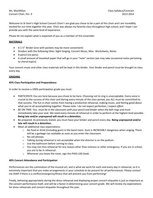 Choir Contract - St. Dominic High School