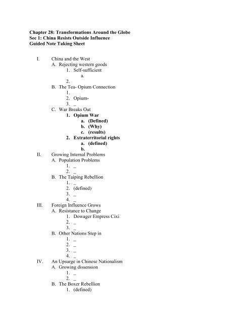 Chapter 28: Transformations Around the Globe Sec 1: China Resists ...