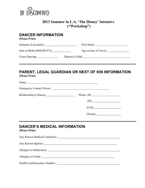 Disney Intensive Application Form & Waivers - Summer in LA