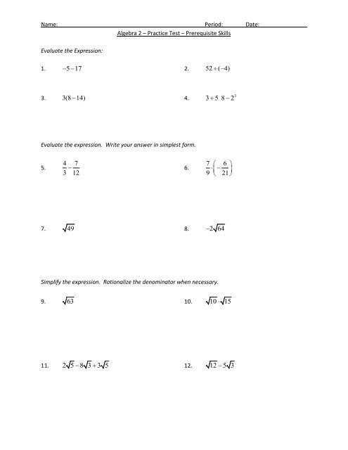 Algebra 2 – Practice Test – Prerequisite Skills Evaluate the Expression