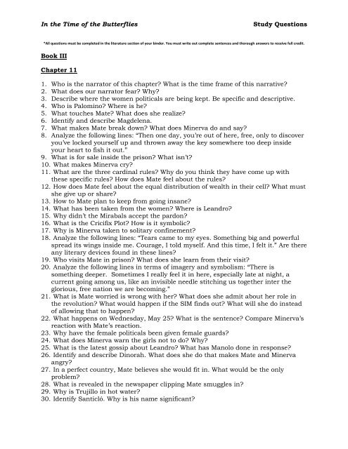 In the Time of the Butterflies Study Questions Book III Chapter 11 1 ...