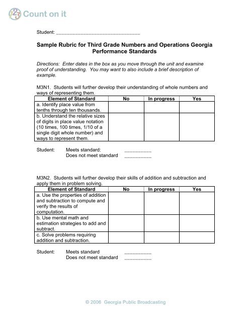Sample Rubric for Third Grade Numbers and Operations Georgia ...