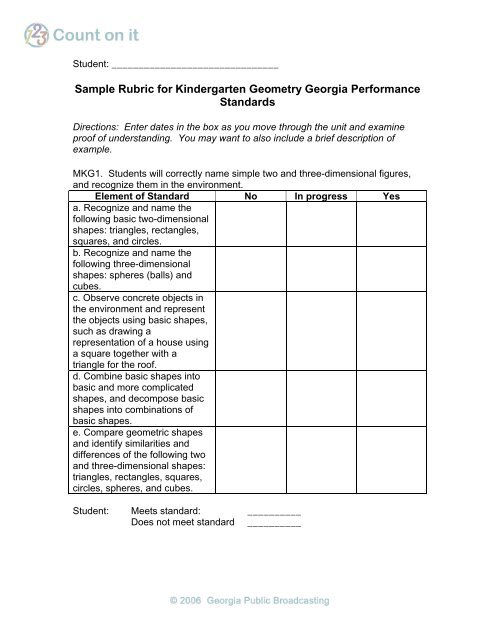 Sample Rubric for Kindergarten Geometry Georgia Performance ...