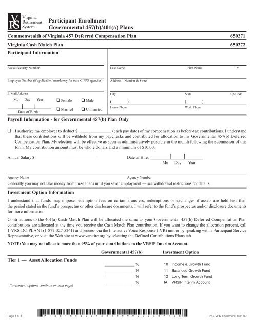 Participant Enrollment Governmental 457(b)/401(a) Plans