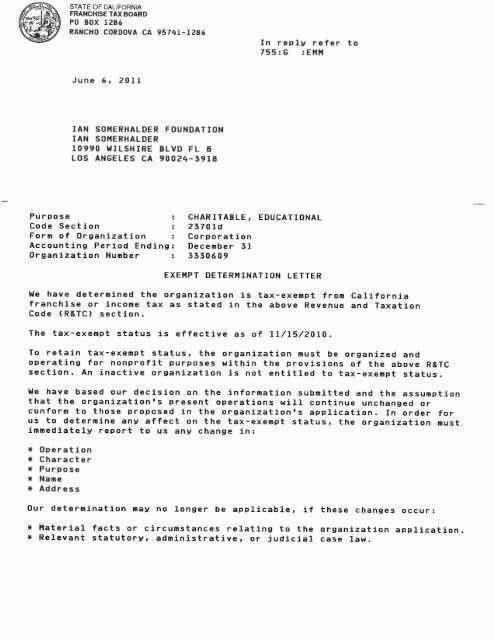 California Tax Exempt Determination Letter. - Ian Somerhalder ...