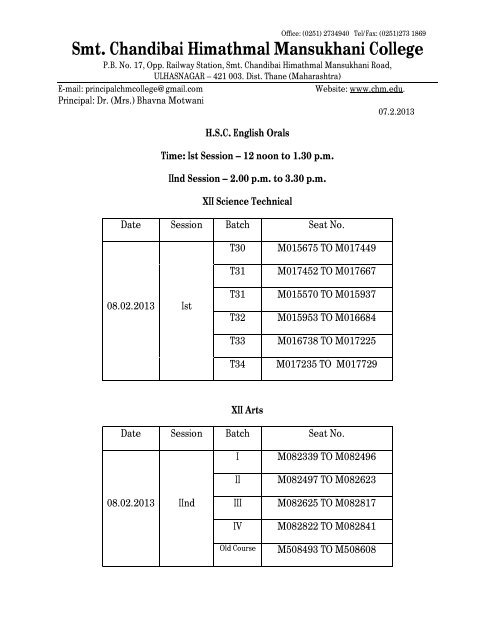 H.S.C. English Orals Schedule - Smt. Chandibai Himathmal ...