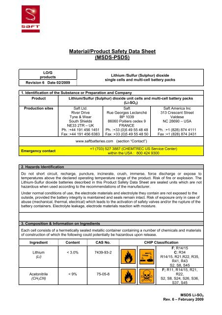 Saft Lithium Sulfer Dioxide MSDS - Unipower