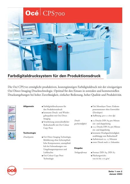 Océ CPS700 Datenblatt