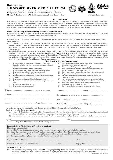 UK SPORT DIVER MEDICAL FORM - Sportclub Roche