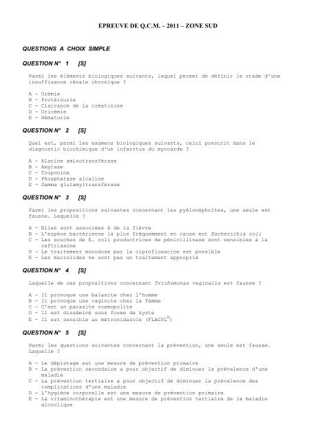 EPREUVE DE Q.C.M. – 2011 – ZONE SUD - CNCI