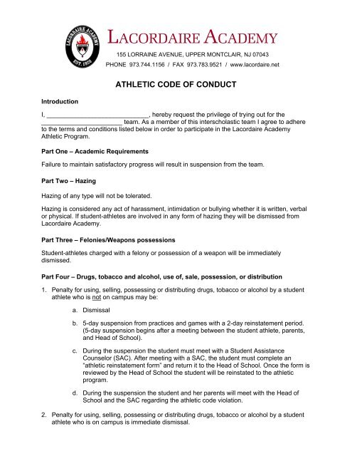 Lacordaire Academy Code of Conduct Form