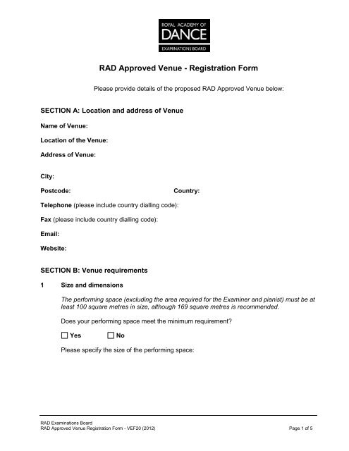RAD Approved Venue Registration Form - Royal Academy of Dance