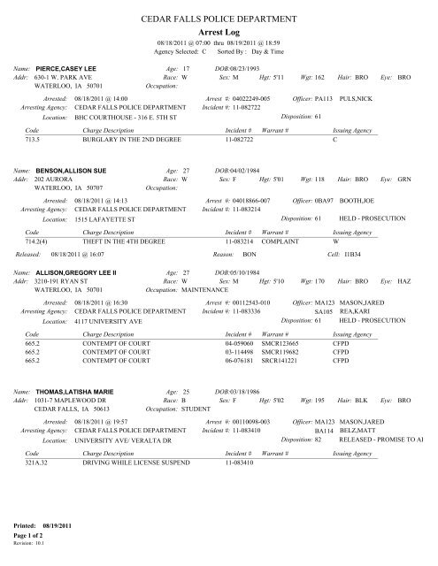 CEDAR FALLS POLICE DEPARTMENT Arrest Log