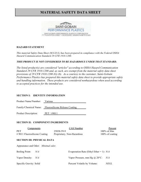 MSDS, 9011 Fluorosilicone Release Coating ... - NORTONÂ® Films
