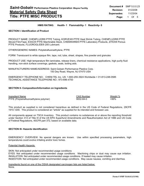 MSDS Zitex porous PTFE membranes, Saint ... - NORTONÂ® Films