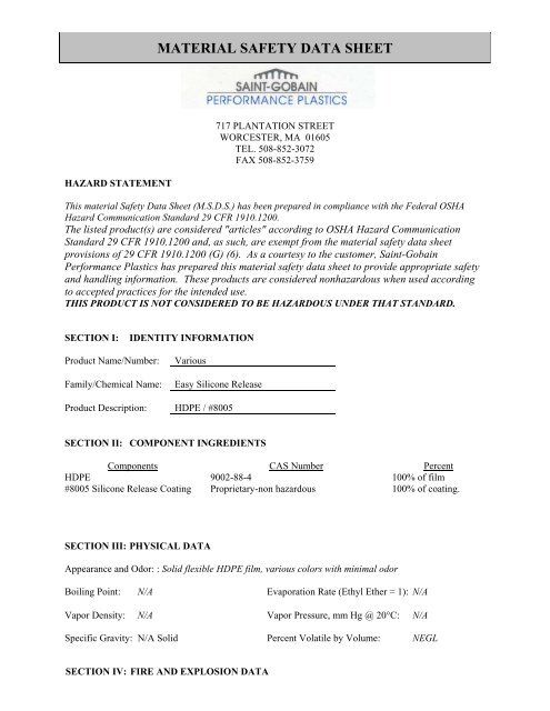 MSDS, 8005 HDPE Easy Silicone Release Liner ... - NORTONÂ® Films