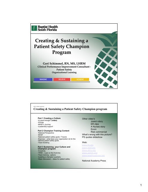 Creating & Sustaining a Patient Safety Champion Program
