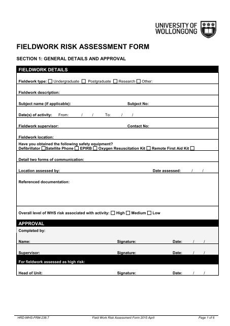 Fieldwork Risk Assessment Form - Staff