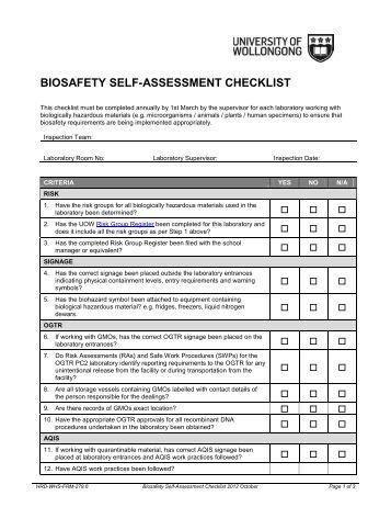 ISEF Guidelines for Biosafety Level 1 Self Assessment Checklist