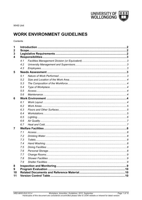 Workplace Amenities Guidelines - Staff - University of Wollongong