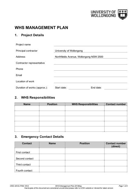WHS MANAGEMENT PLAN - Staff - University of Wollongong