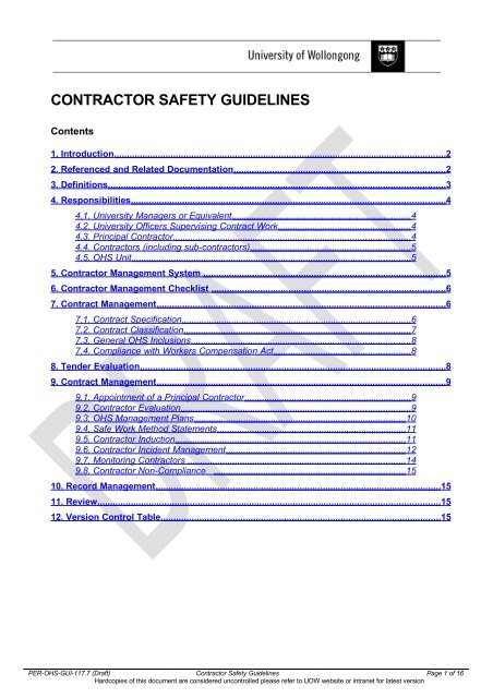 Contractor Safety Guidelines - Staff - University of Wollongong