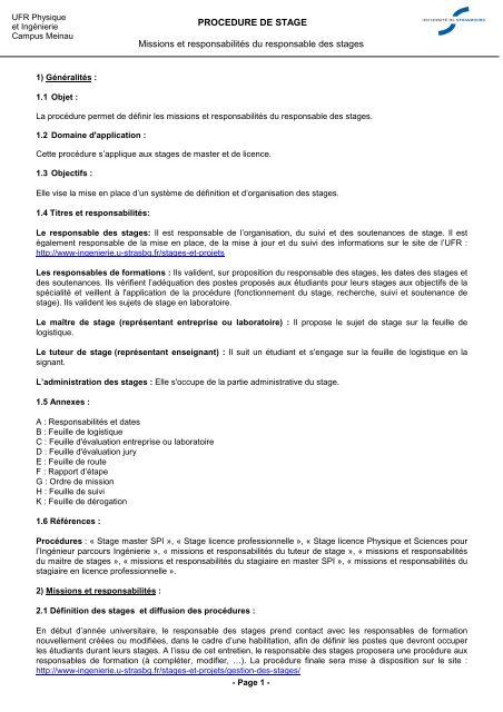 PROCEDURE DE STAGE Missions et responsabilités du ... PROCEDURE DE STAGE Missions et responsabilités du ...