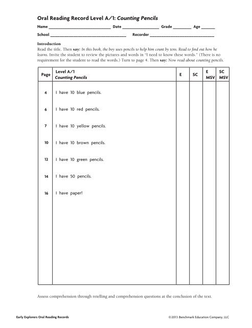 Oral Reading Record Level A/1: Counting Pencils - Benchmark ...