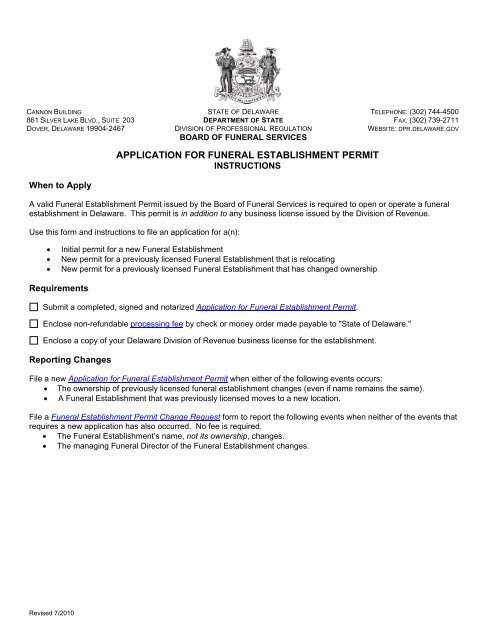 Application for Funeral Establishment Permit - Division of ...