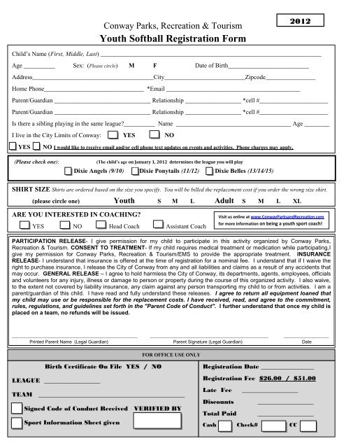 Youth Softball Registration Form - Conway Parks, Recreation ...