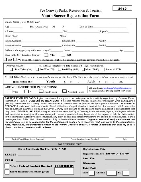 Youth Soccer Registration Form - Conway Parks, Recreation ...