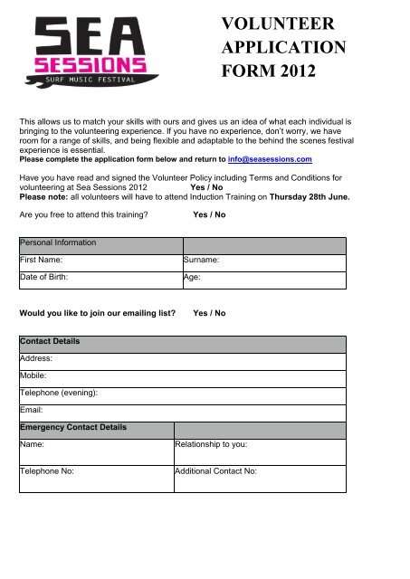 VOLUNTEER APPLICATION FORM 2012 - Sea Sessions