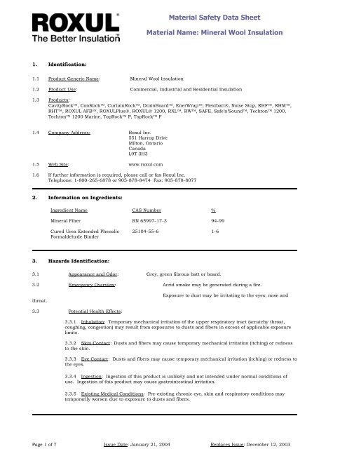 Material Safety Data Sheet Material Name: Mineral Wool Insulation