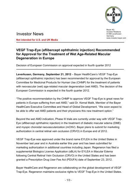 VEGF Trap-Eye (aflibercept ophthalmic injection) - Bayer Investor ...