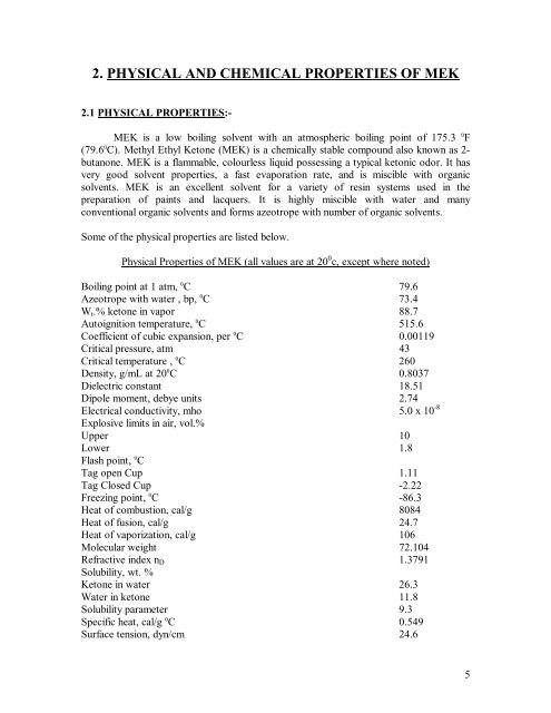 2. PHYSICAL AND CHEMICAL PROPERTIES OF MEK